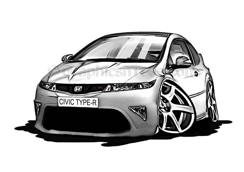 Honda Civic Type R FN2 Silver Caricature Car Cartoon A4 Print | eBay