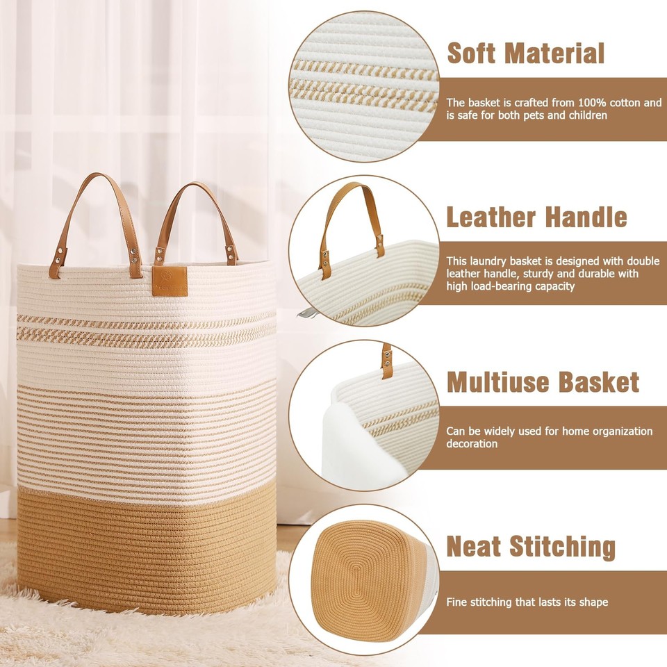 100L Nursery Hamper, Tall Woven Laundry Basket with Long Leather ...