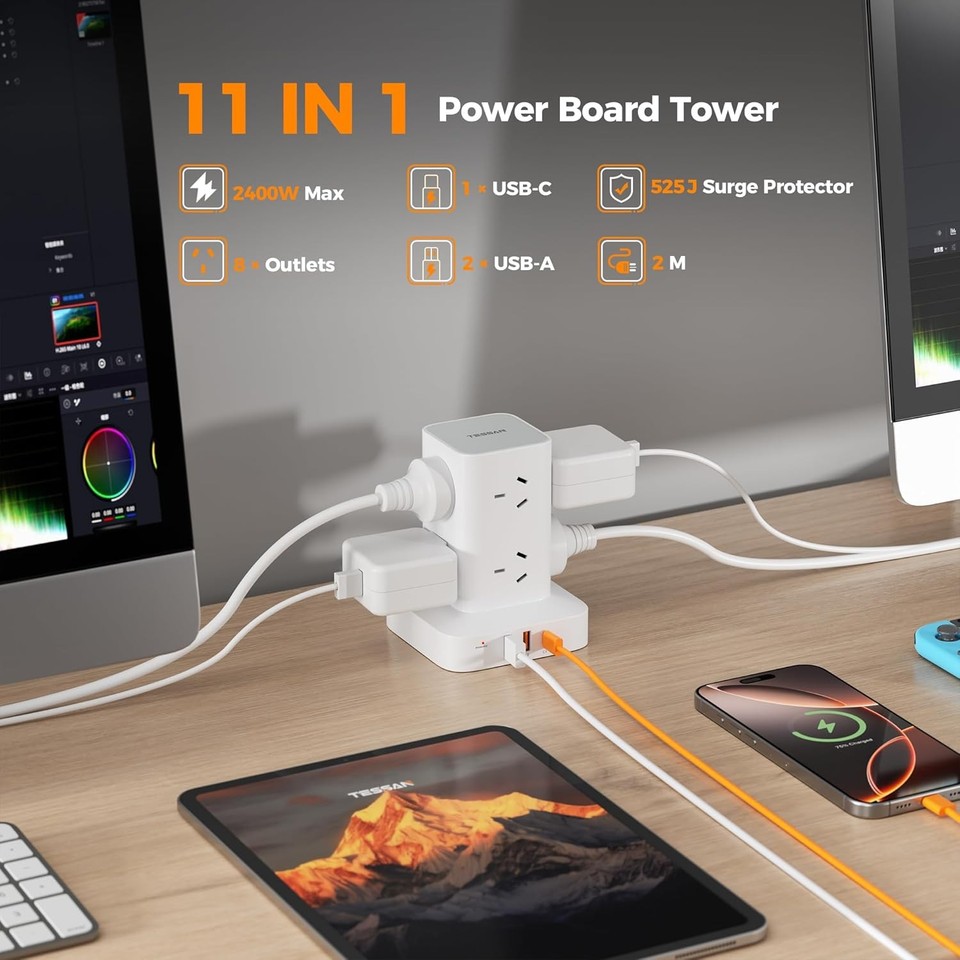 White Power Board with USB C 8 AC Outlets 2M Extension Cord 525J Surge ...