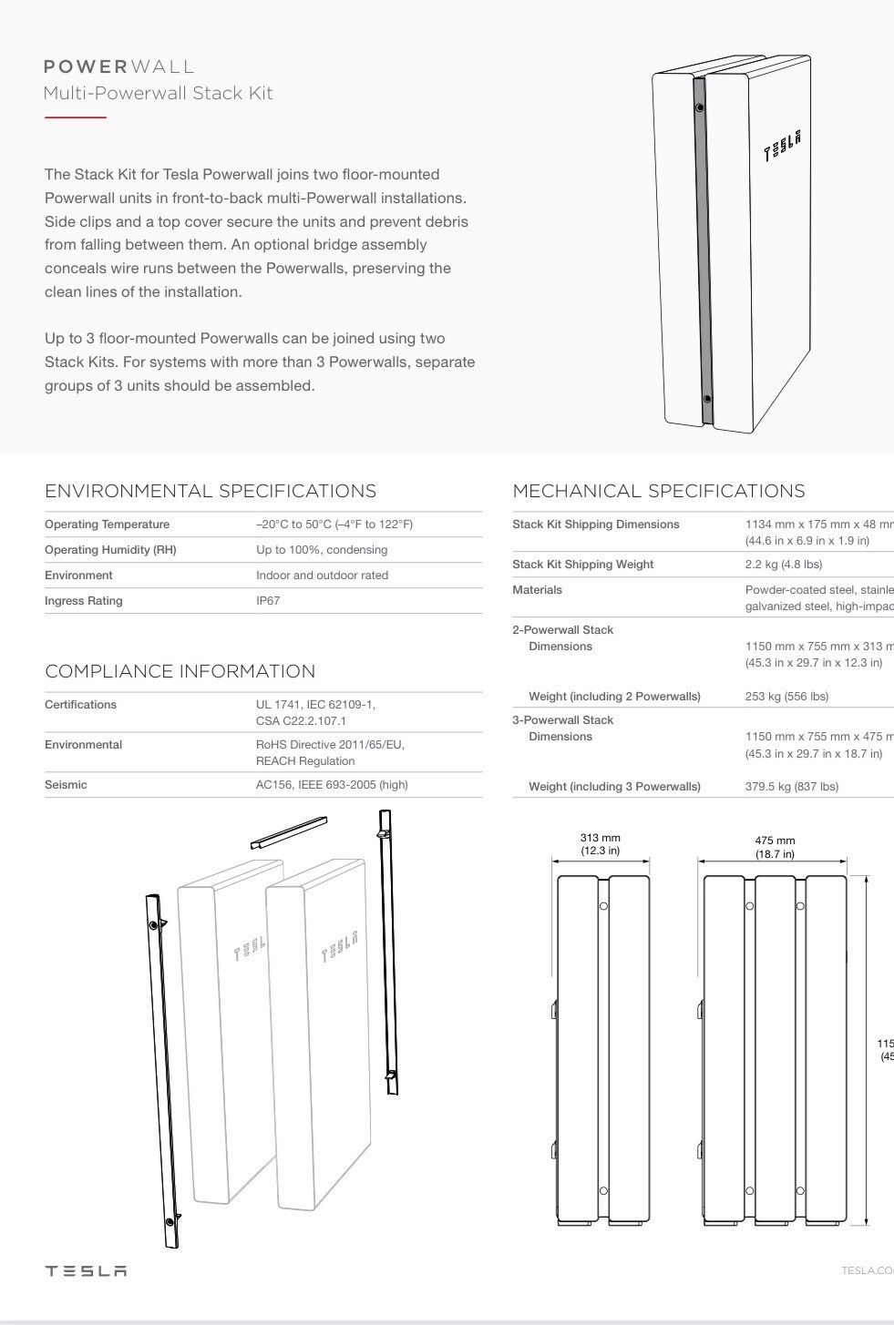 Tesla Powerwall 2 Stack Kit 1112154-00-C for Tesla Powerwall batteries ...