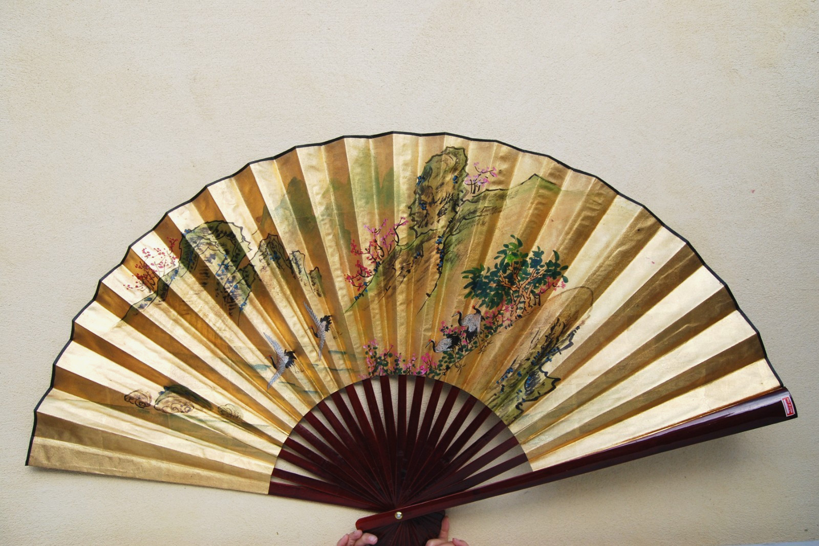 VTG Large Asian Chinese Fan Wall Art Decor, Hand Painted Birds & Floral