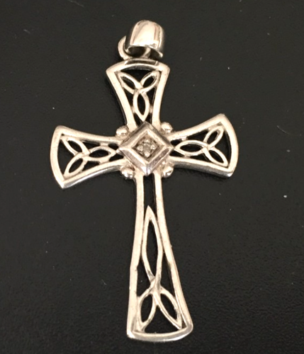 Vtg Necklace Pendant MARKED RJ 925 STERLING SILVER Cross DIAMOND ...