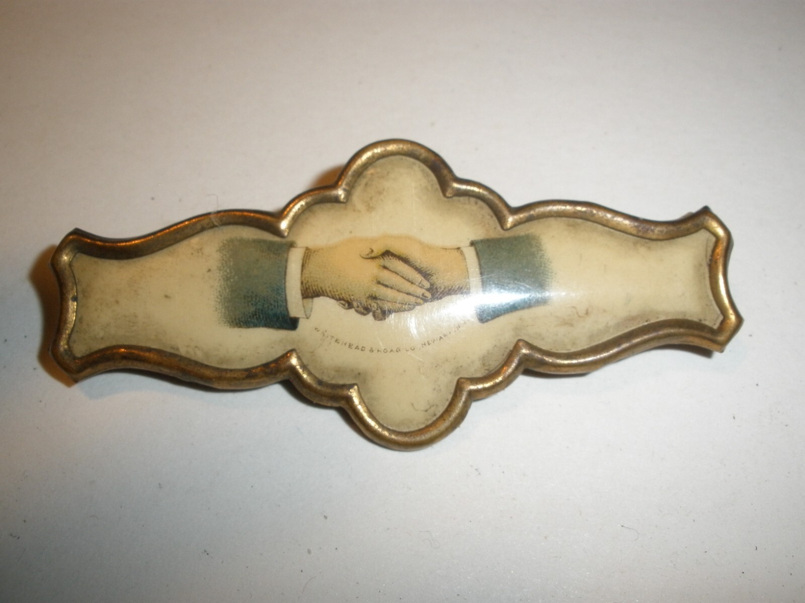 Antique Whitehead & Hoag Shaking Hands Pin Brooch - Gem