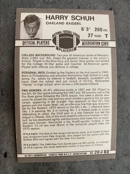 HARRY SCHUH 1971 KELLOGG'S 3-D #20, OAKLAND RAIDERS | eBay