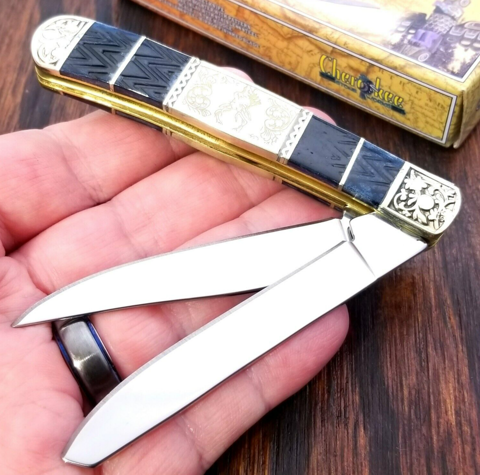 Cherokee Stone Works Classic Trapper Black Jigged Bone Folding Pocket ...