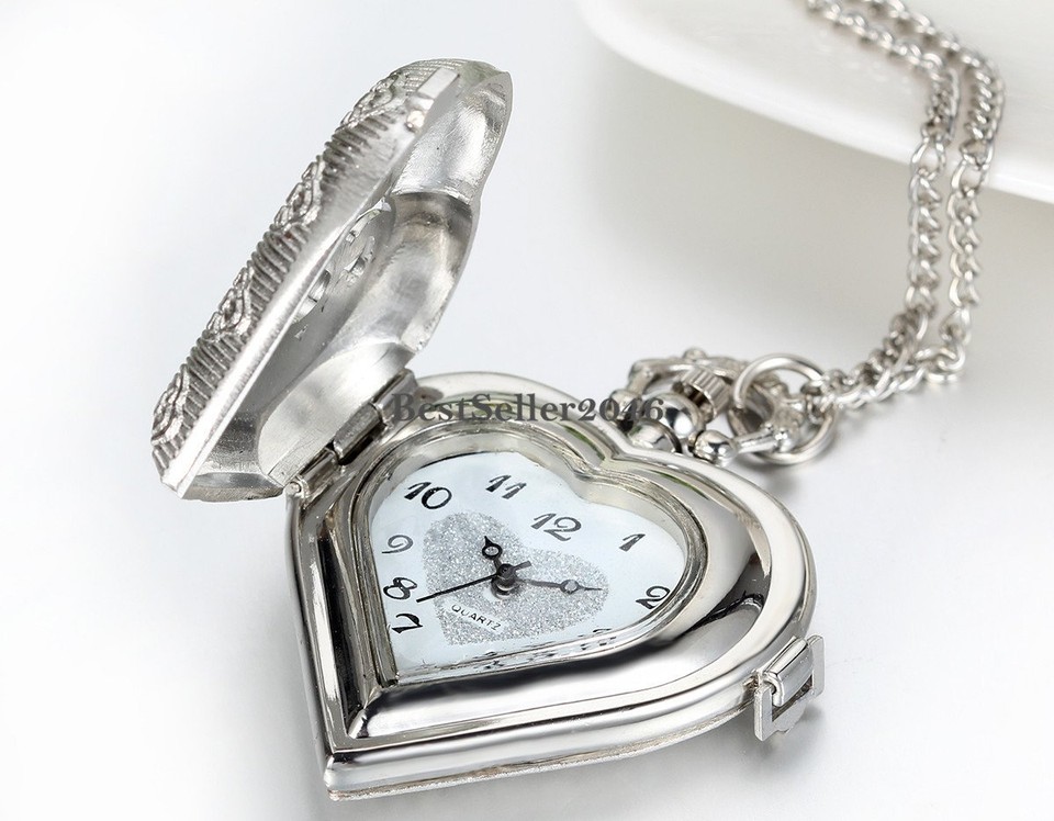 Angel Wing Hollow Heart-shaped Quartz Half Hunter Pocket Watch Necklace ...