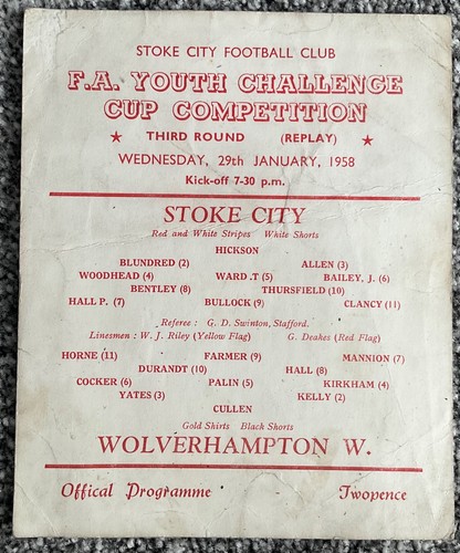 Stoke City v Wolverhampton Wanderers (FA Youth Cup Replay) 1957/58 ...