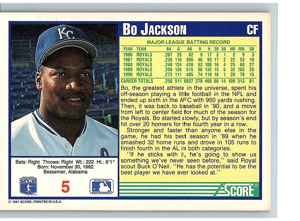 1991 Score Baseball Card Single - #5 Bo Jackson | eBay