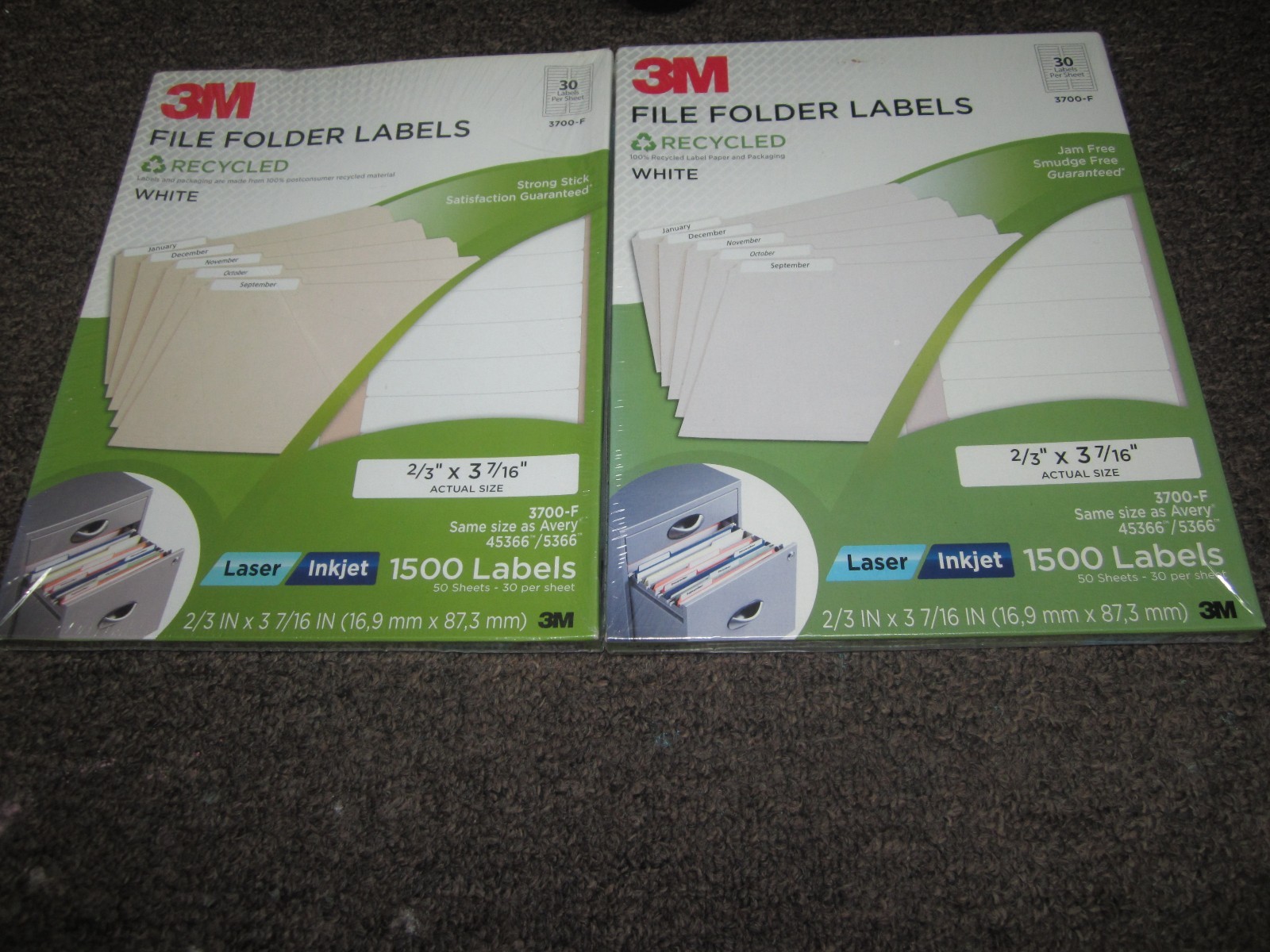 LOT OF 2 x 3M 3700-F WHITE FILE FOLDER LABELS SIZE 2/3" x 3 7/16" 1500 ...