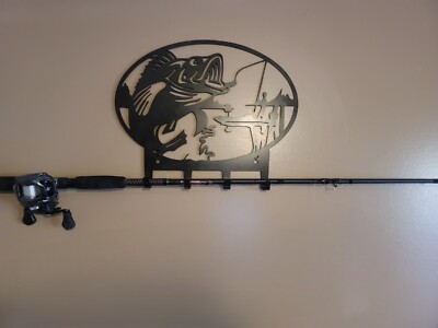 16" Bass Fishing Pole rod, keys, hat holder, Steel Metal wall art gift ...