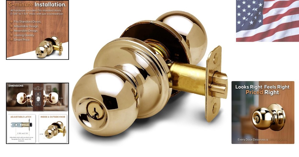 Ambidextrous Key Lock Door Knob in Polished Brass - Stylish & Reliable ...