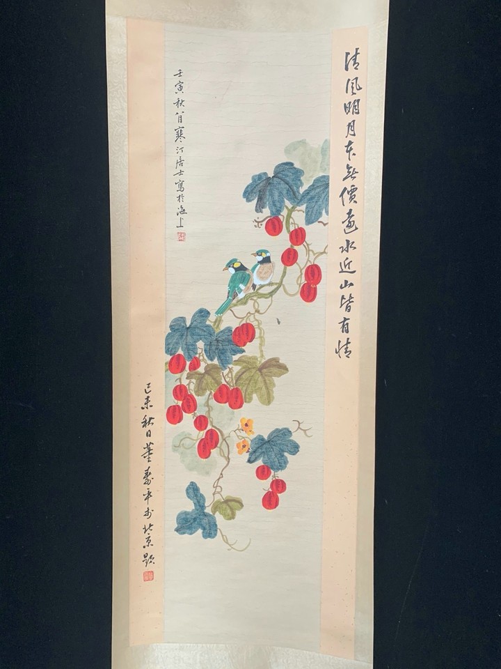 74" Old Chinese Xuan Paper Flower Bird Fruit Long Scrolls Painting | eBay