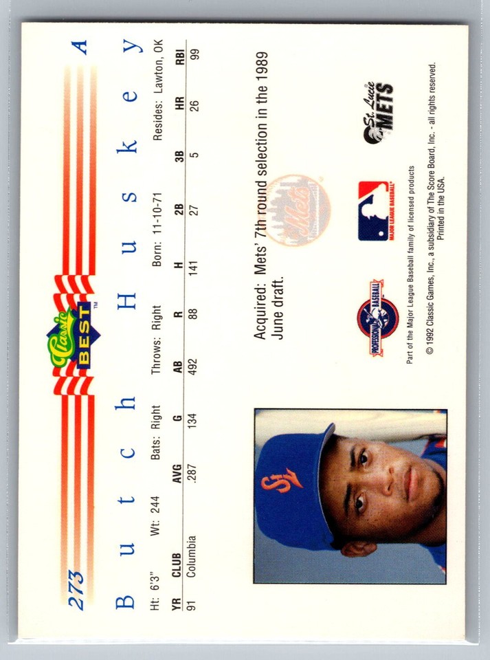Butch Huskey 1992 Classic Best Set Break BASEBALL #273 St. Lucie Mets ...