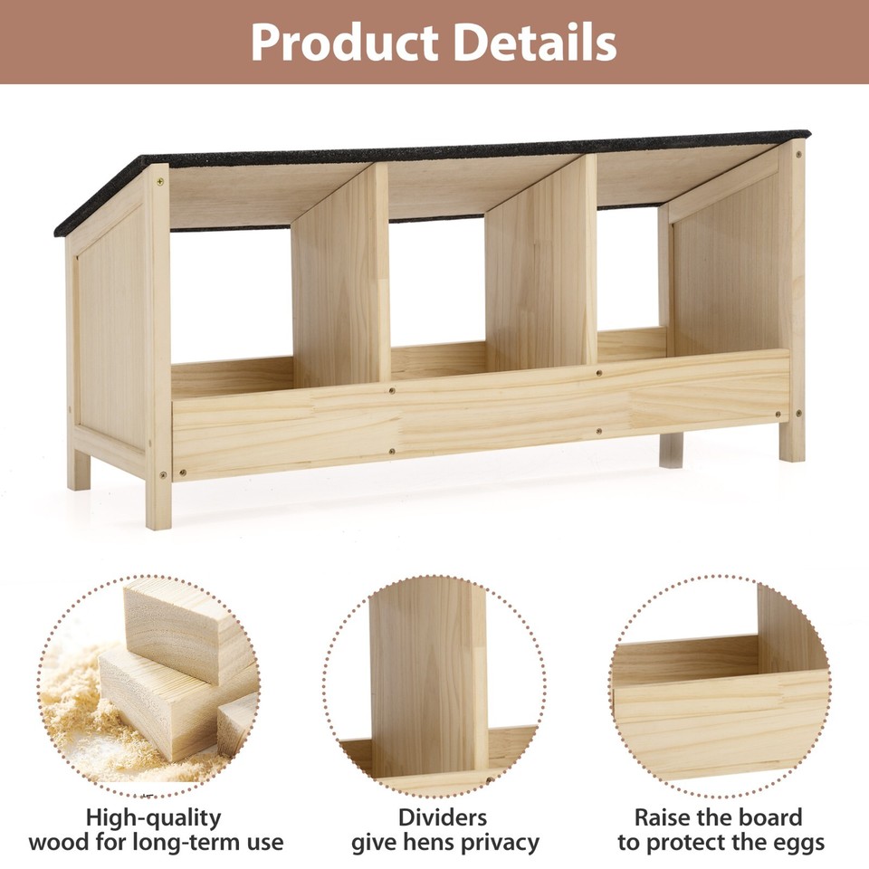 Triple Nesting Box for Chickens Wood Chicken Coop w/3 Compartments Box ...