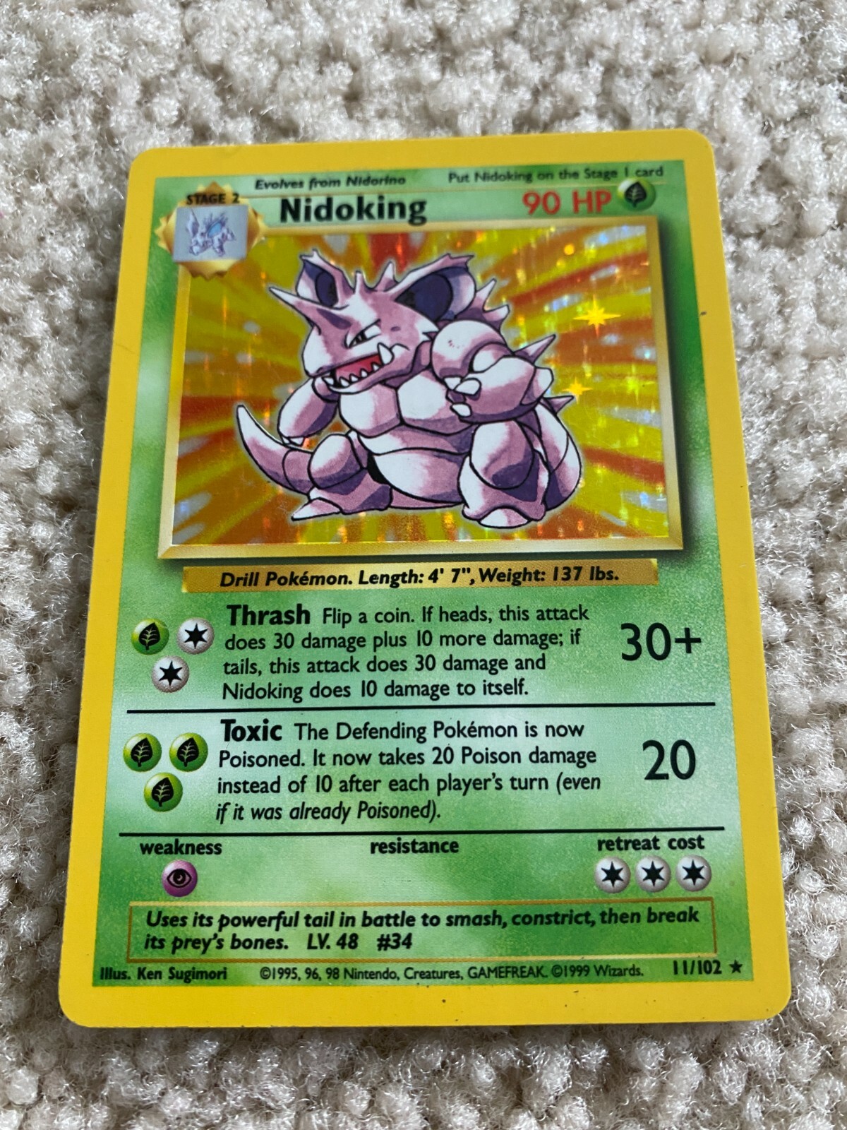 Nidoking Holo Pokemon Card 11/102 Base Set Vintage 1999 WOTC Rare 90 HP ...