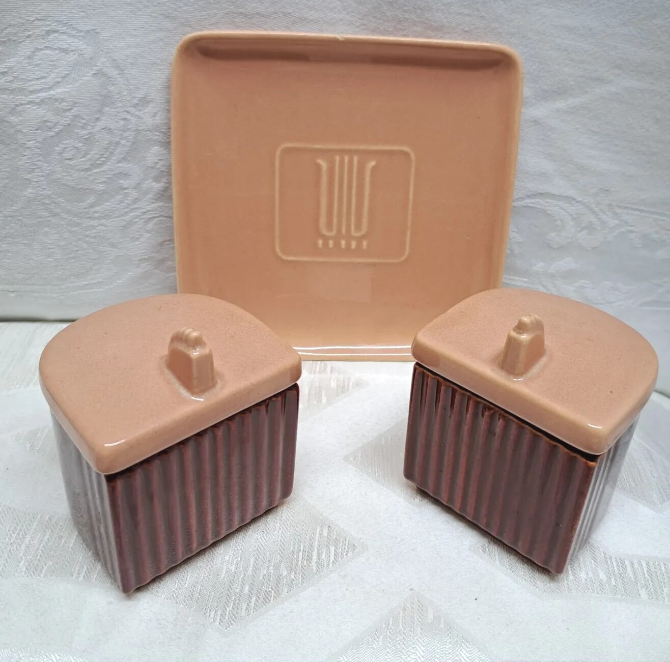 Art Deco Franciscan Ware Condiment Set With Underplate Peach & Brown | eBay