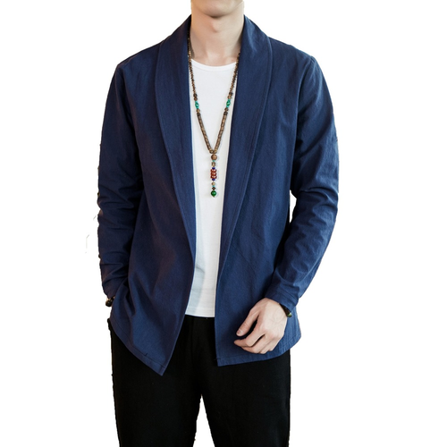 Men Cotton Linen Shirt Open Front Jacket Stand Collar Coat Casual Loose ...
