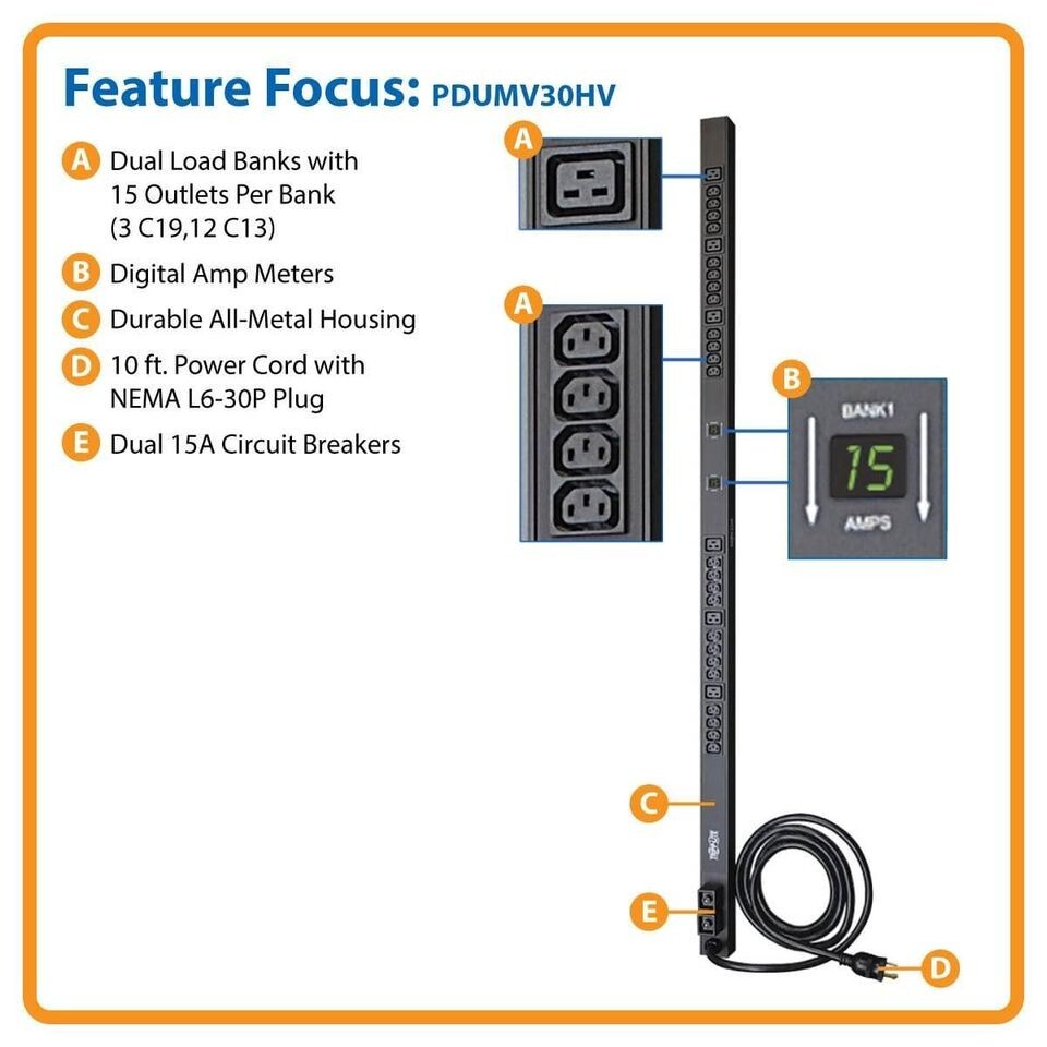 Tripp Lite PDUMV30HV Metered PDU 5500W 30A, Outlet-30(C19&6-C13) 230V ...