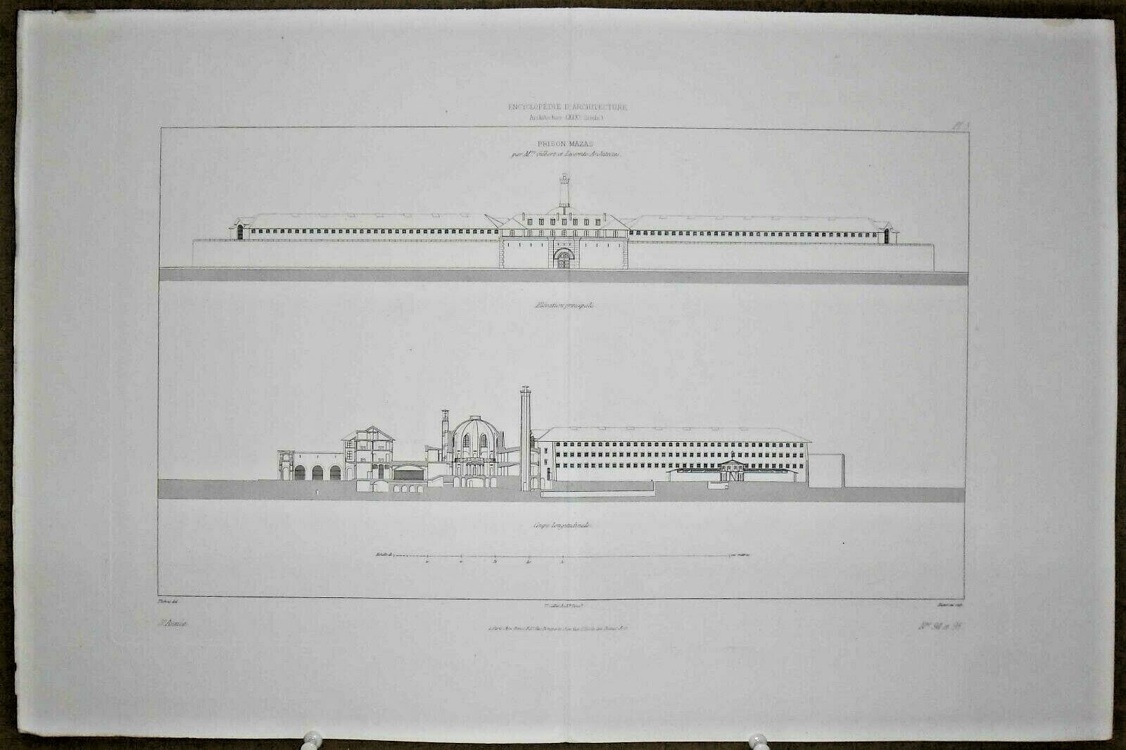 Engraving D'Architecture Mazas Prison Elevation Main, Cut Longitudinal ...