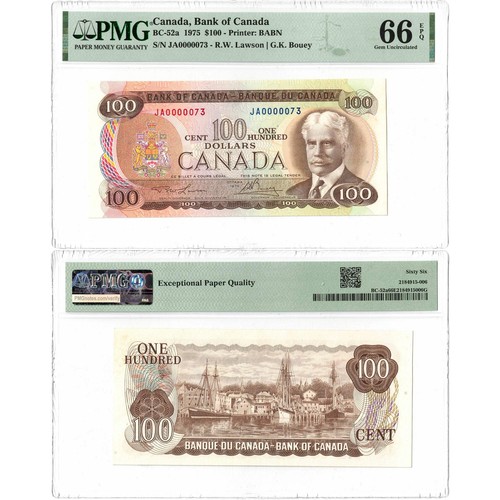 $100 1975 Bank of Canada Note Low Serial #73 BC-52a - PMG Gem UNC-66 ...