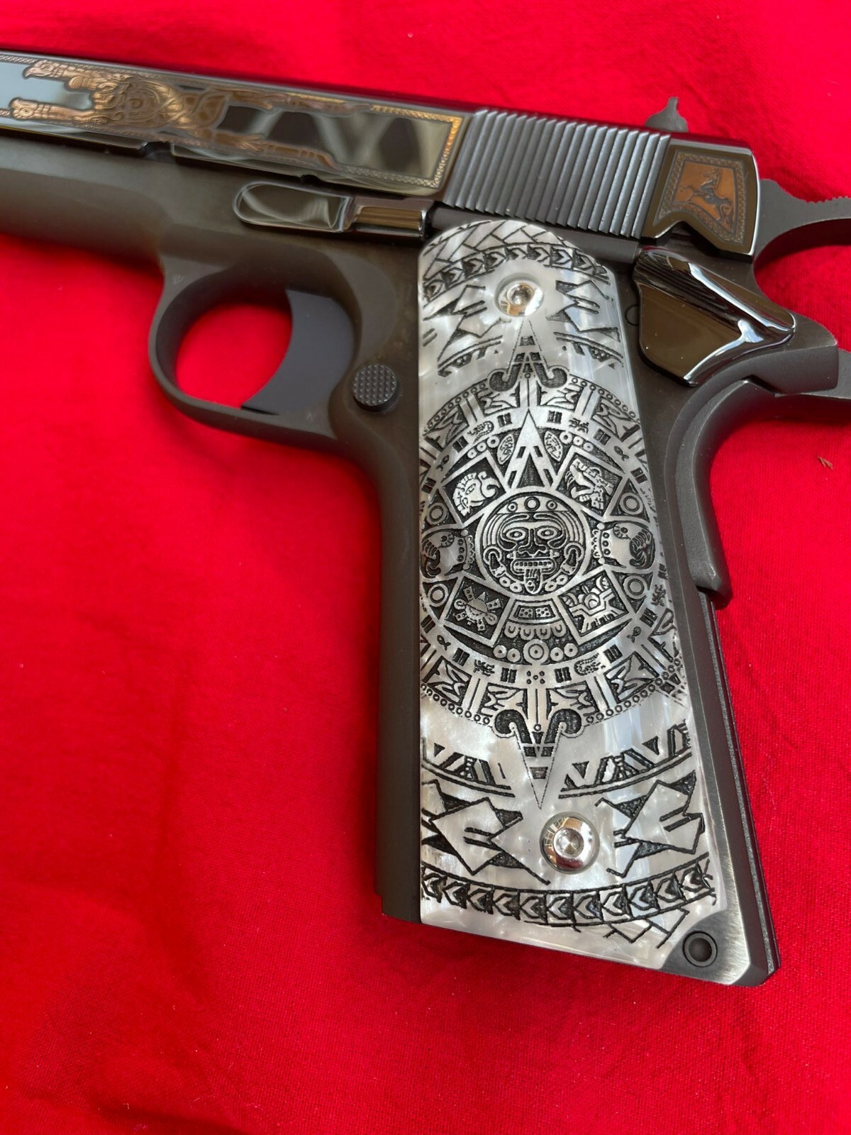 1911 Pearl Aztec Calendar Motif Custom Engraved grips Colt 45 38 super ...