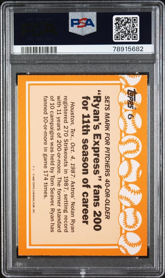 NOLAN RYAN '87 RECORD BREAKERS 1988 Topps TIFFANY #6 Astros PSA 8 NM ...