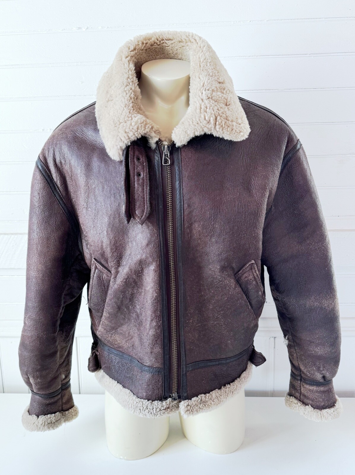 VTG CALAFATE AVIATION B-3 Shearling Bomber Leather Jacket XL Distressed Roached | eBay