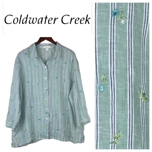 Coldwater Creek XL 14 16 Shirt Top Blouse LINEN Green Stripes Floral ...