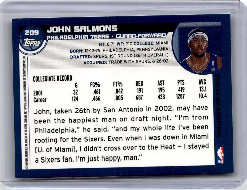 2002-03 Topps John Salmons Rookie Basketball Card Philadelphia 76ers #209 | eBay
