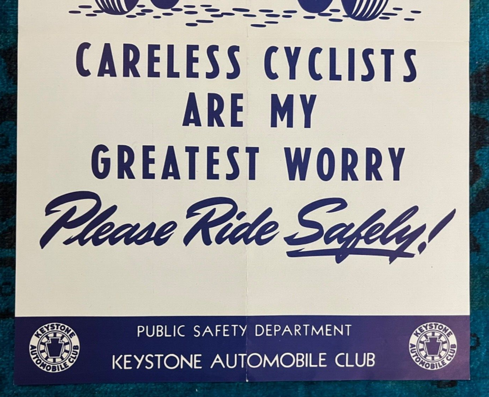 Original Safety Poster Keystone Automobile Car Club Careless Bicycle ...