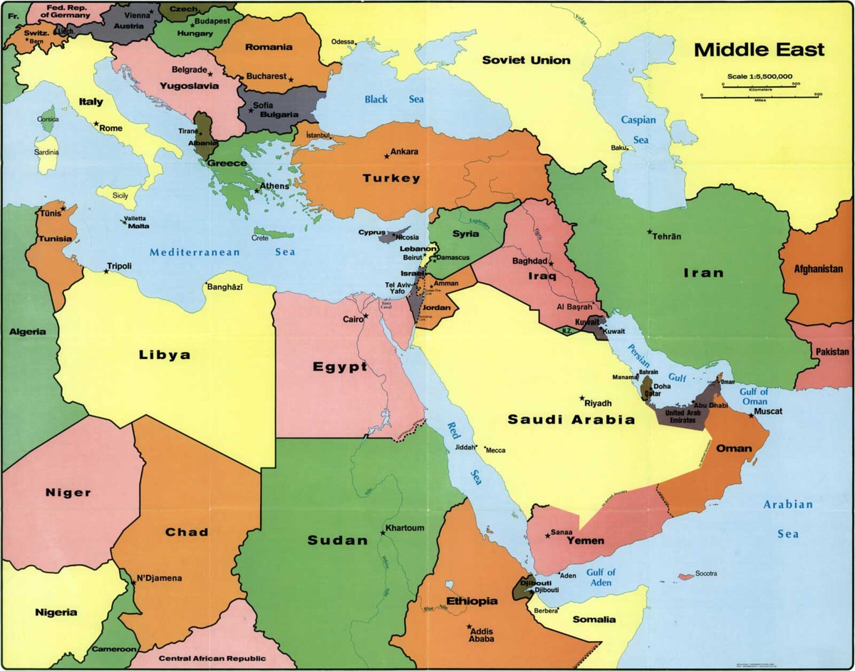Large Scale Political Map Of The Middle East With Capitals 1990