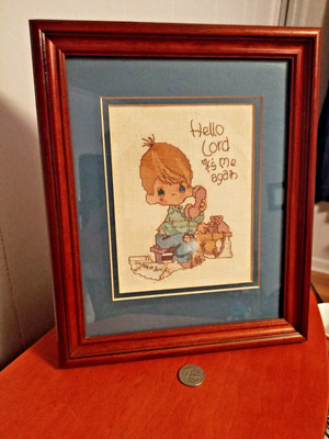 Vtg Needlepoint Framed Picture Precious Moments "Hello Lord It's me ...