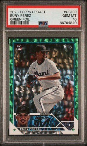 EURY PEREZ 2023 TOPPS GREEN FOIL /499 ROOKIE MIAMI MARLINS US139 POP 3 ...
