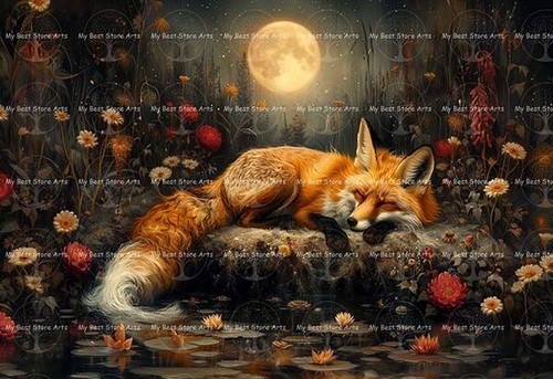 SLEEPING FOX ART PRINT, Animal Fantasy, Cottagecore Decor, Flower Poster D677 | eBay
