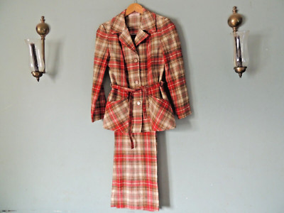 VTG 70s Pendleton Plaid Pant Suit Bell Bottoms Belted Jacket Lined sz ...