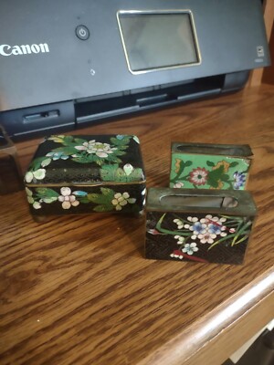 2 VINTAGE CHINESE CLOISONNE FLOWER ENAMEL MATCHBOX holder & hinged BOX ...