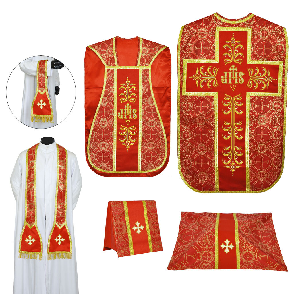 Metallic Red Roman Chasuble Fiddleback Vestment 5pc set,IHS embroidery ...