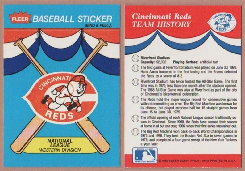 CINCINNATI REDS TEAM STICKER - 1989 FLEER - TEAM LOGO ON FRONT/HISTORY ...