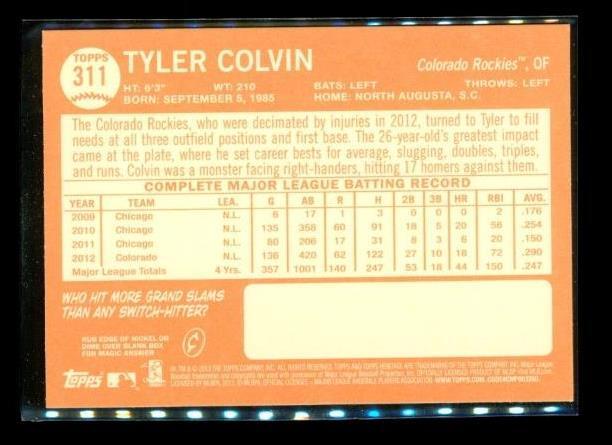 2013 TOPPS HERITAGE Baseball Trading Card #311 TYLER COLVIN Colorado ...