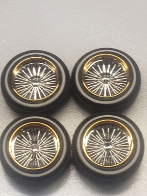 1/24-1/25 scale model car GOLD & Chrome Dayton wire rims & white wall ...