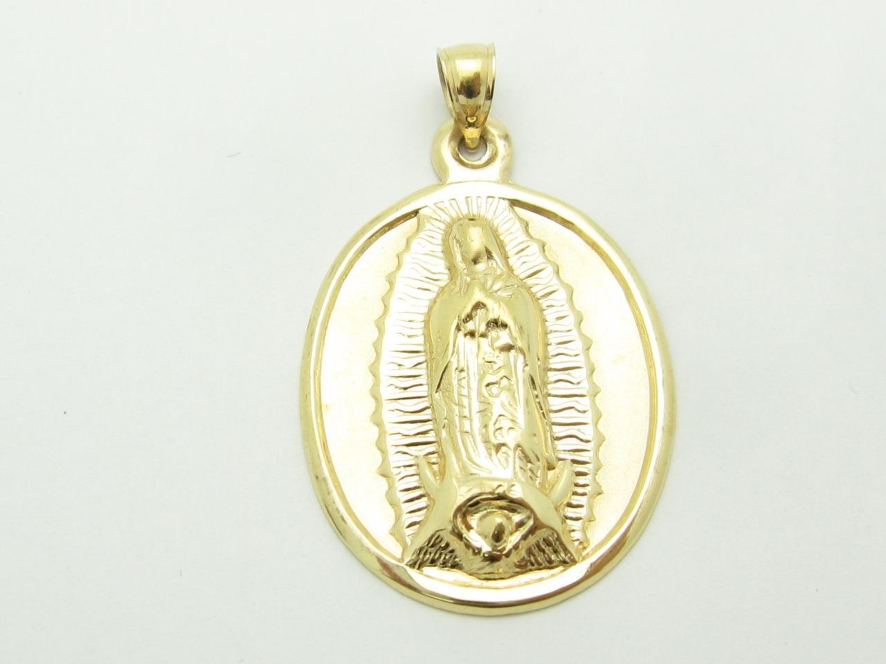 14k Solid Yellow Gold Mother Mary Medallion Charm Pendant Necklace Gift ...