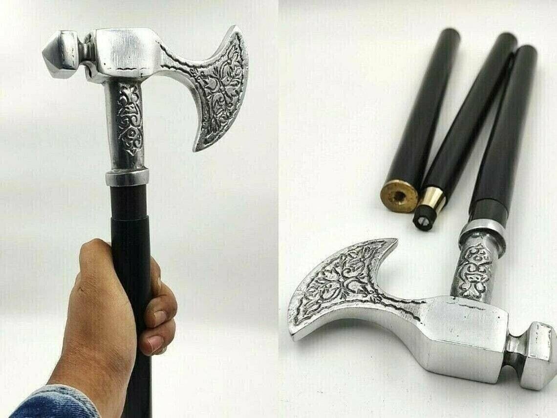 Handmade Walking Stick Wooden Cane Brass Axe Head Han… - Gem