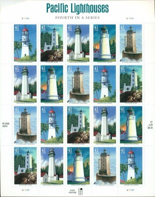 US: 2006 PACIFIC LIGHTHOUSES; Complete Sheet Sc 4146-50; 41 Cents ...