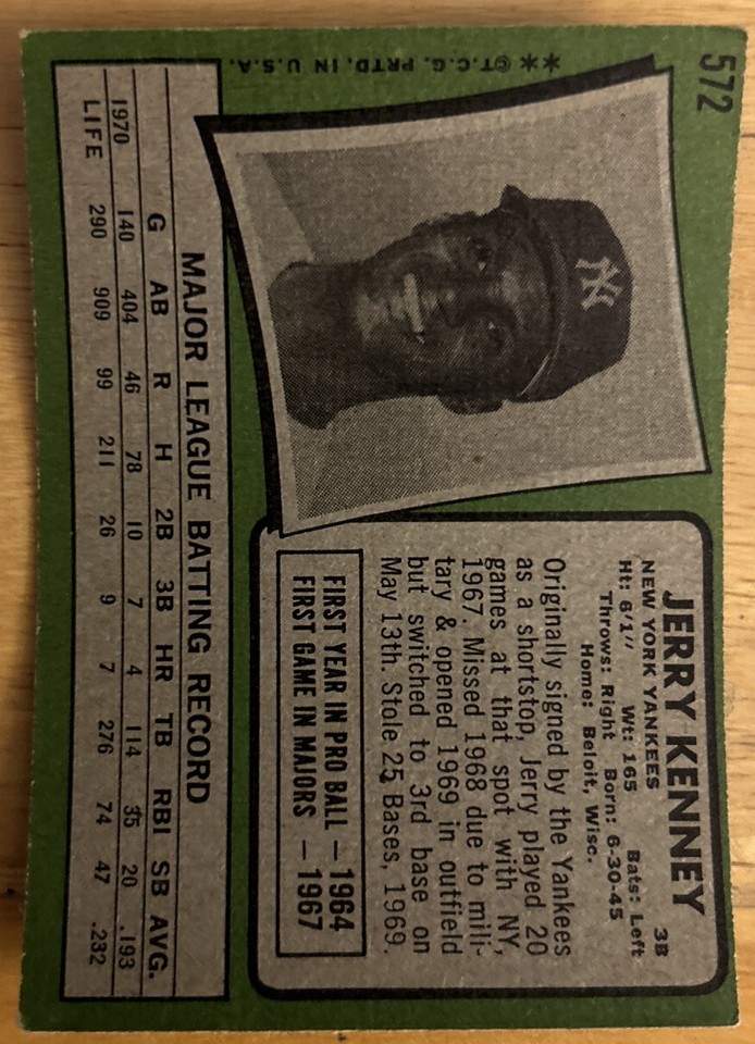 1971 Topps Jerry Kenney Baseball Card #572 Yankees Third Base Low-Grade ...