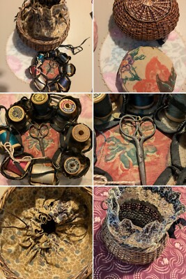 Antique Sewing Basket And Contents Victorian Intricate Handmade Fabric ...