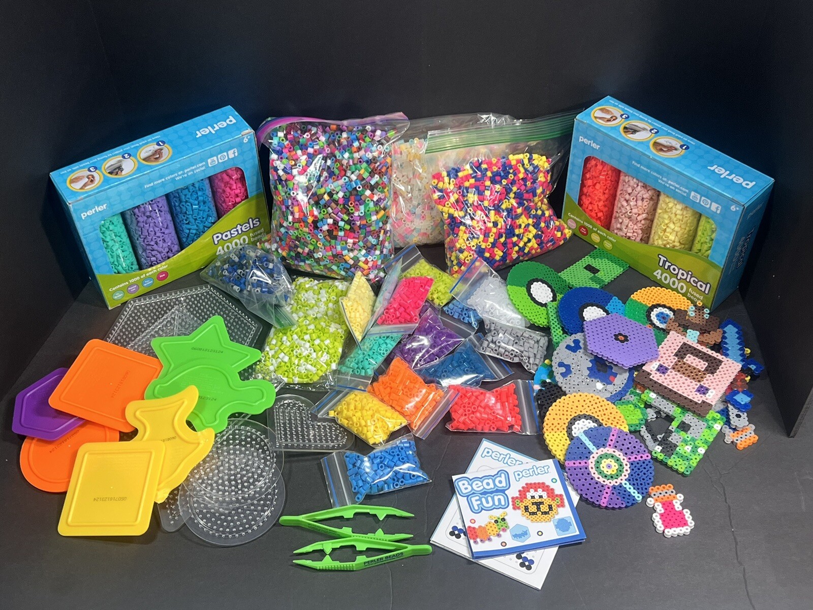 Perler Bead Lot Thousands of Beads Plus Boards Finished Art New & Used ...