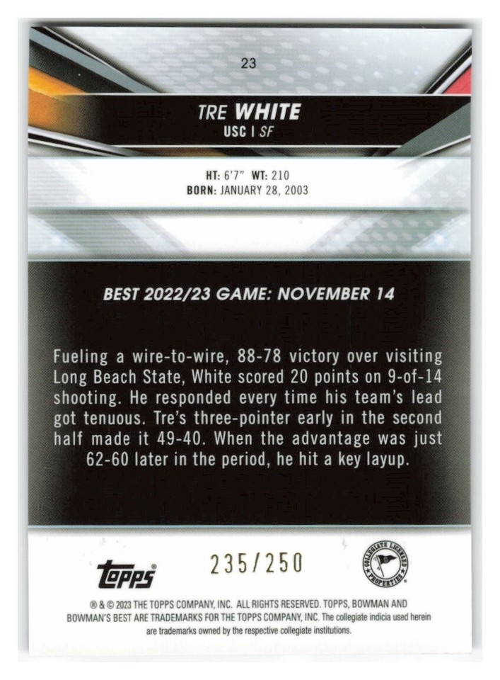 Tre White 2023 Bowman University Purple Parallel SP /250 #23 - USC | eBay