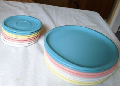 Set of 8 Boontonware 1102-10 Plates and 8 1202-6 Saucers Blue Yellow ...