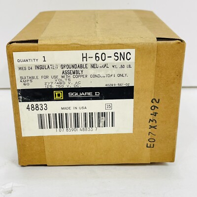 Square D H-60-SNC Insulated Ground Neutral Bar 60A 480Vac ~New Sealed ...