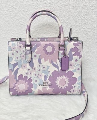 NWT Coach Maggie Small Tote Bag With Floral Print in Purple/Ivory Multi ...